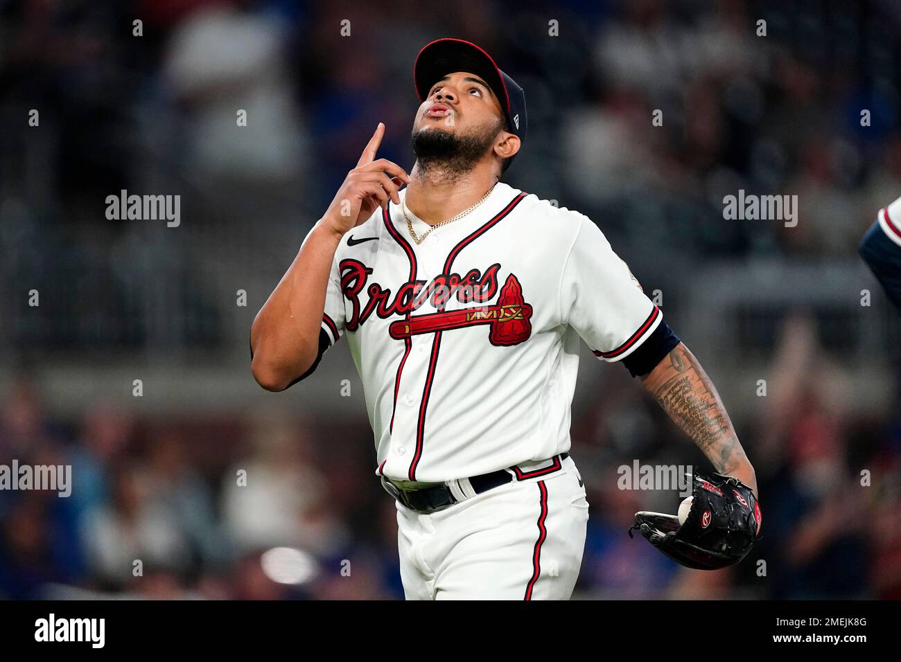 Atlanta Braves relief pitcher Huascar Ynoa (19) gestures as he leaves ...