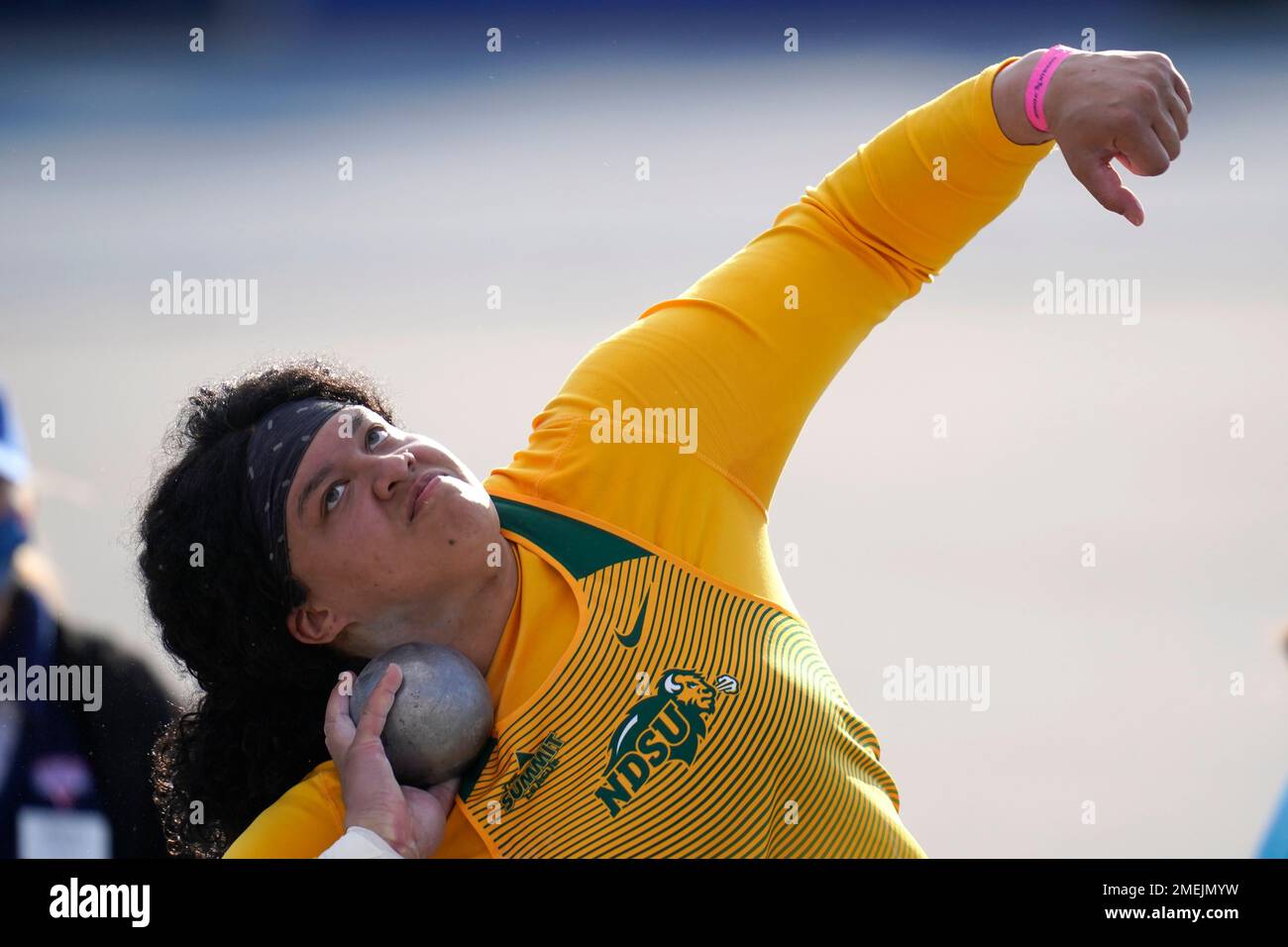 North Dakota State's Akealy Moton throws during the women's shot put at ...