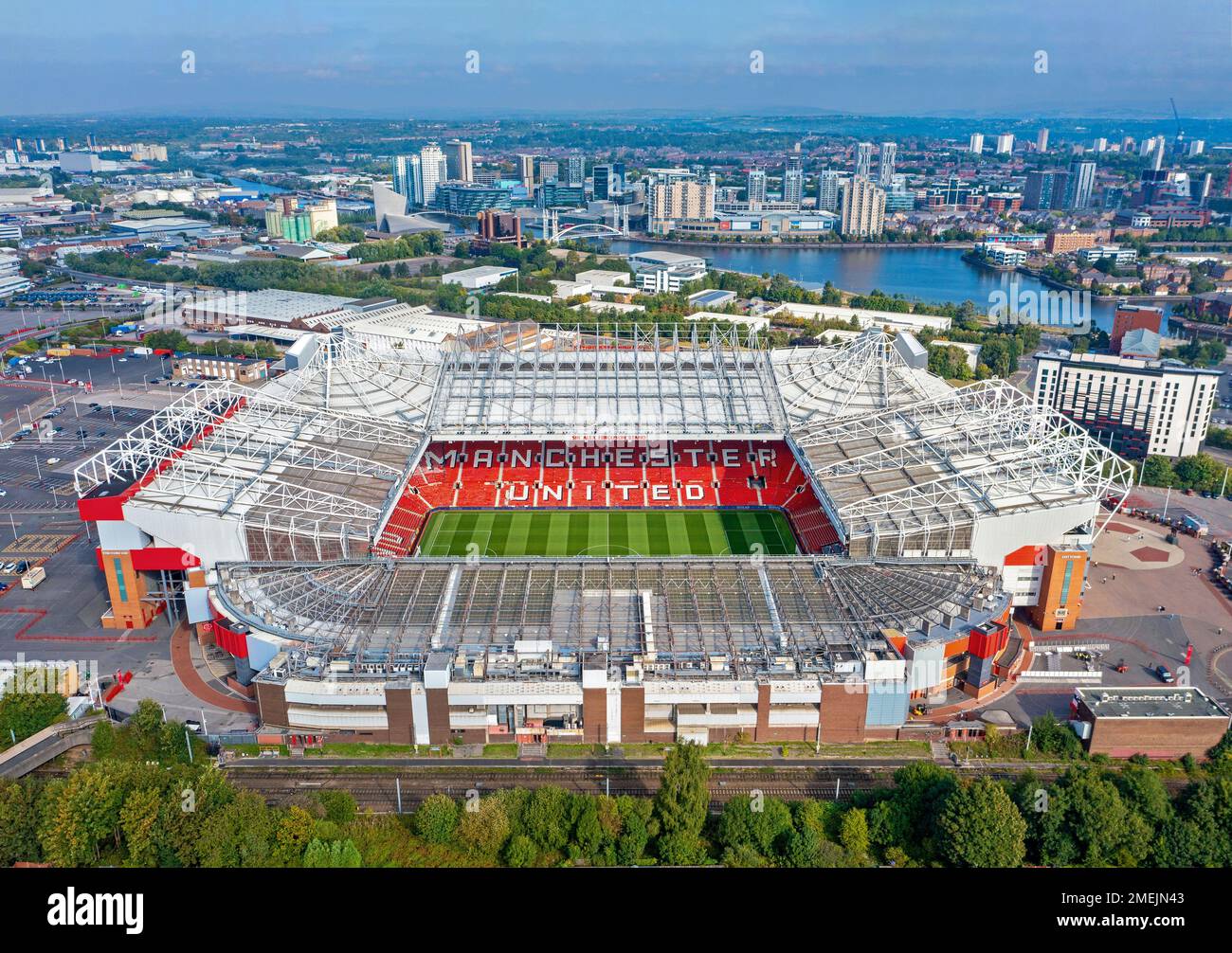An aerial shot of the Old Trafford Stadium with Manchester United and ...