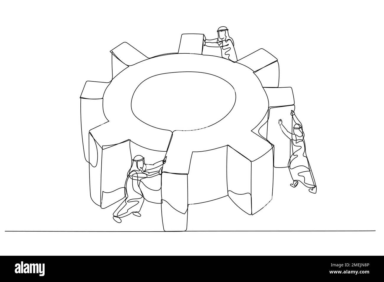 arab man spinning cogwheel gear together with team concept of hard work ...