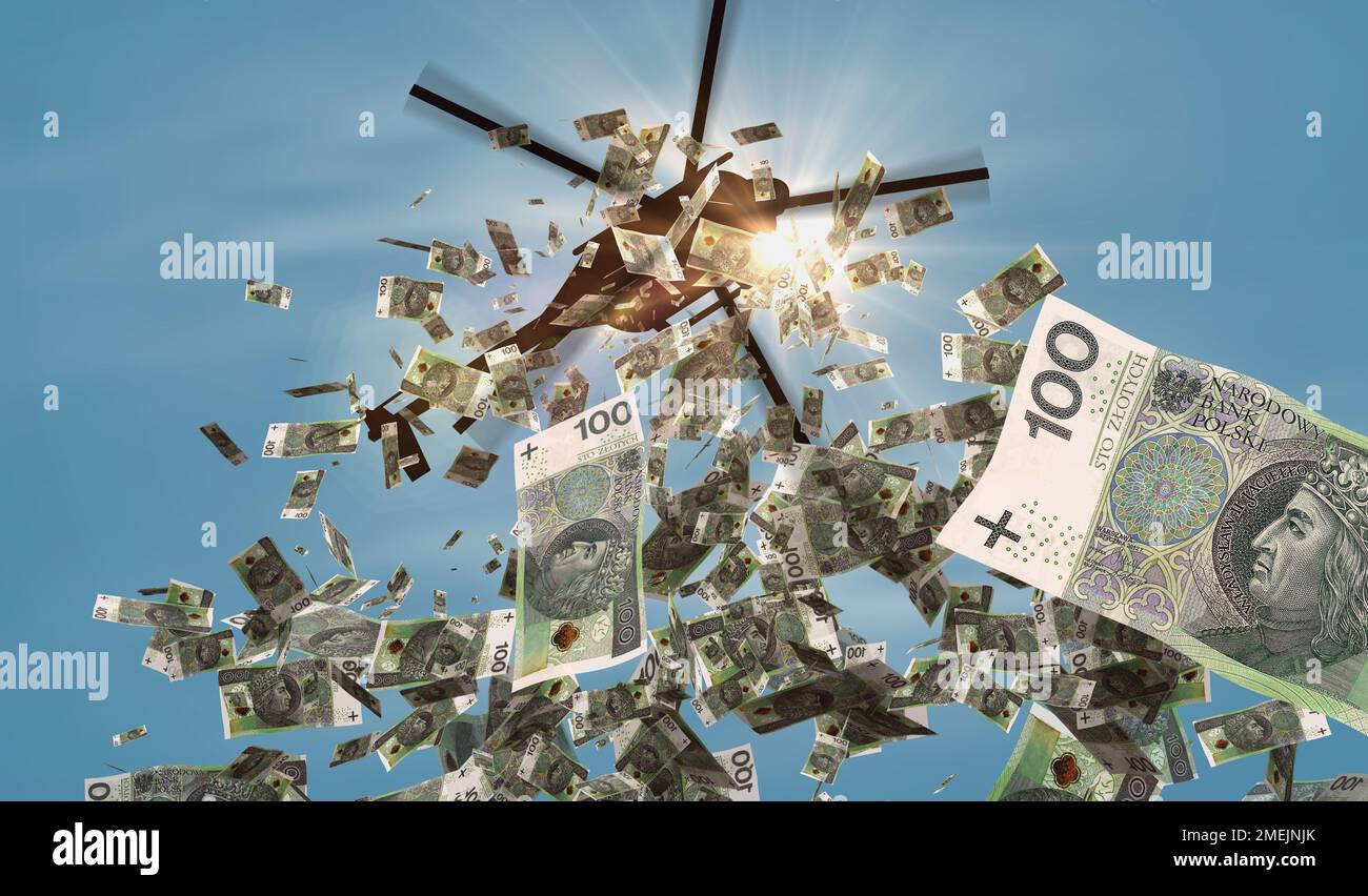 Polish Zloty banknotes helicopter money dropping. Poland 100 PLN notes ...