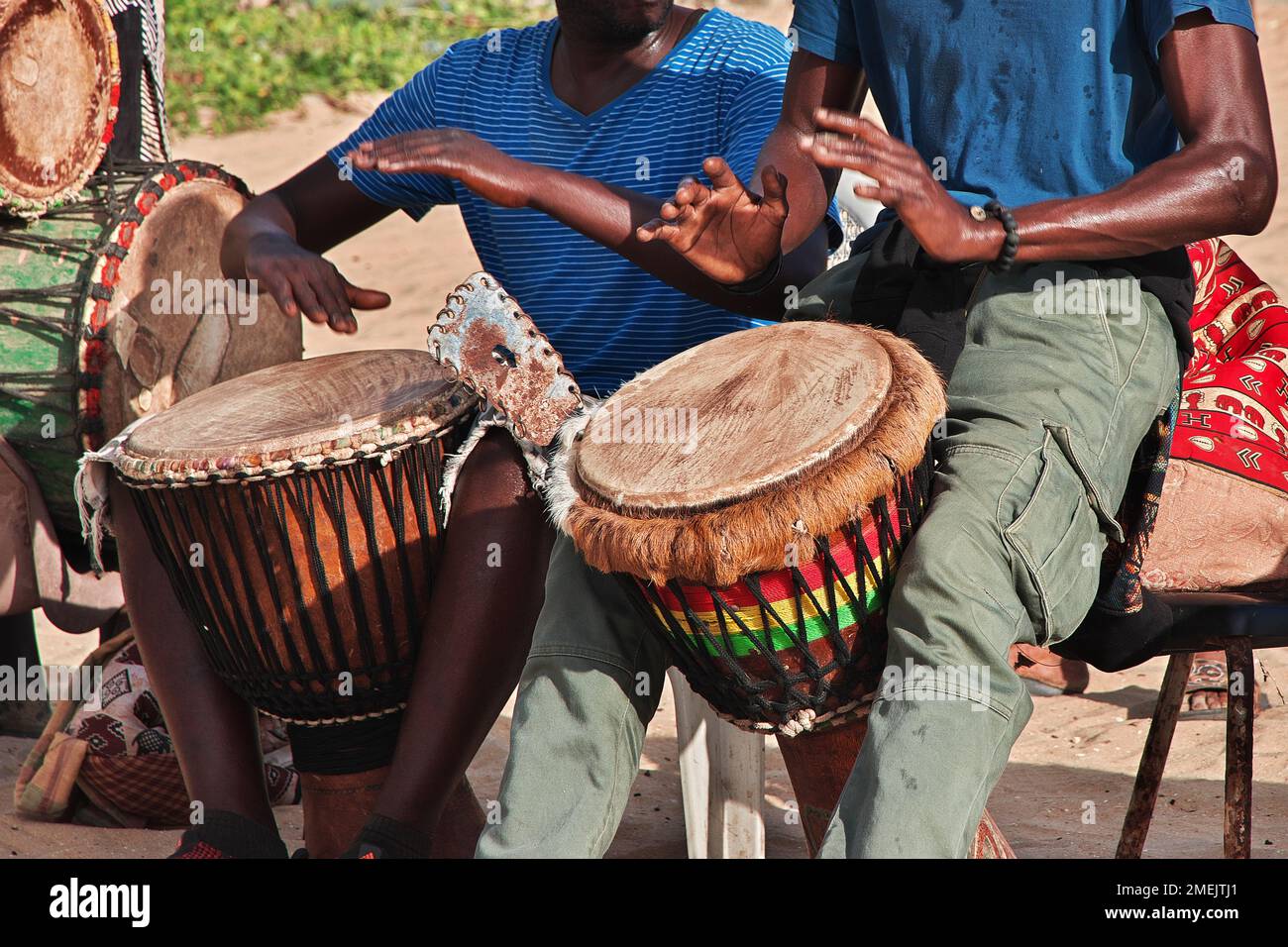 National dance on the beach of Atlantic ocean in Serekunda area, Gambia ...