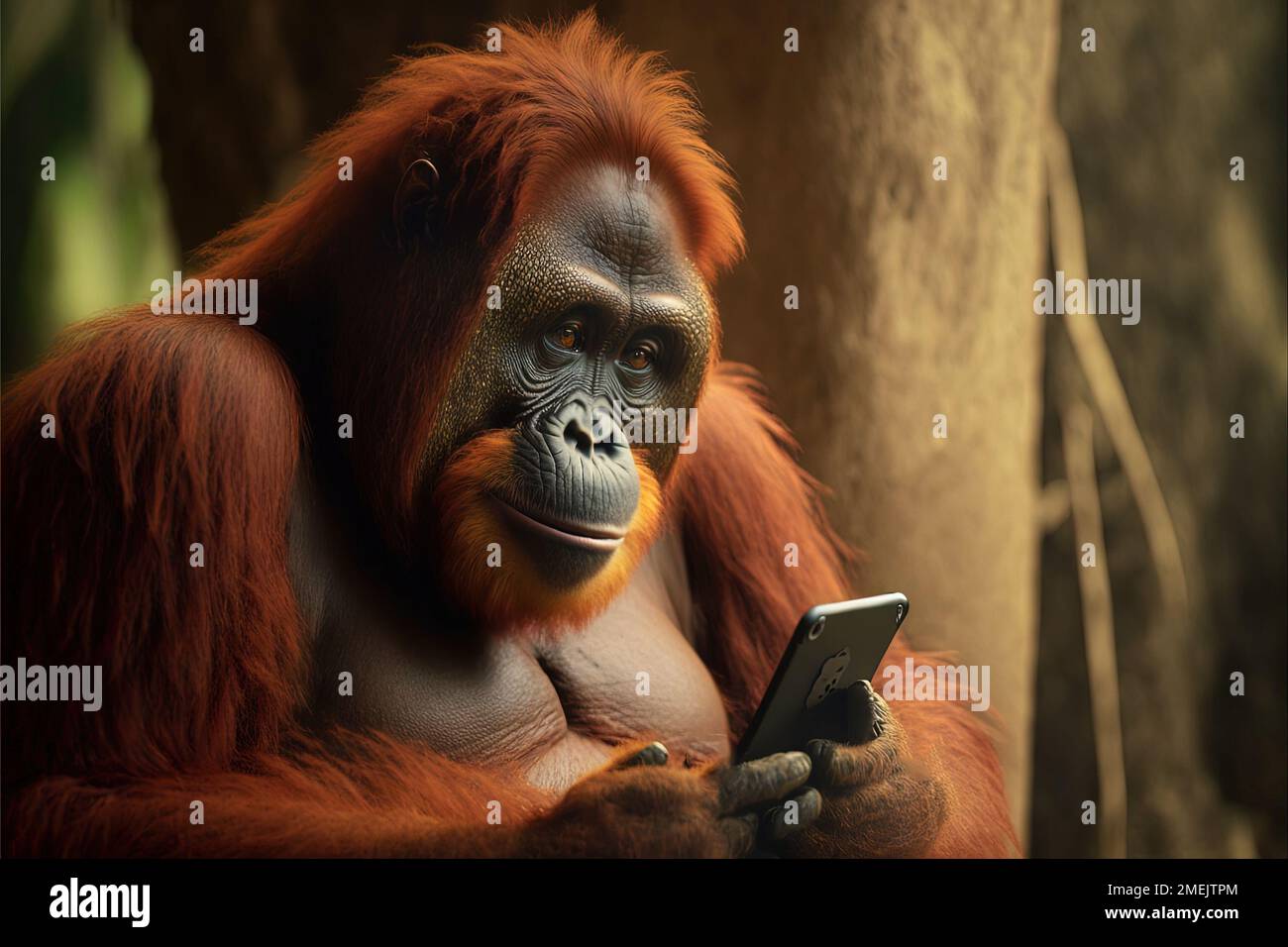 a orang utan Monkey using a smartphone illustration generative ai Stock ...