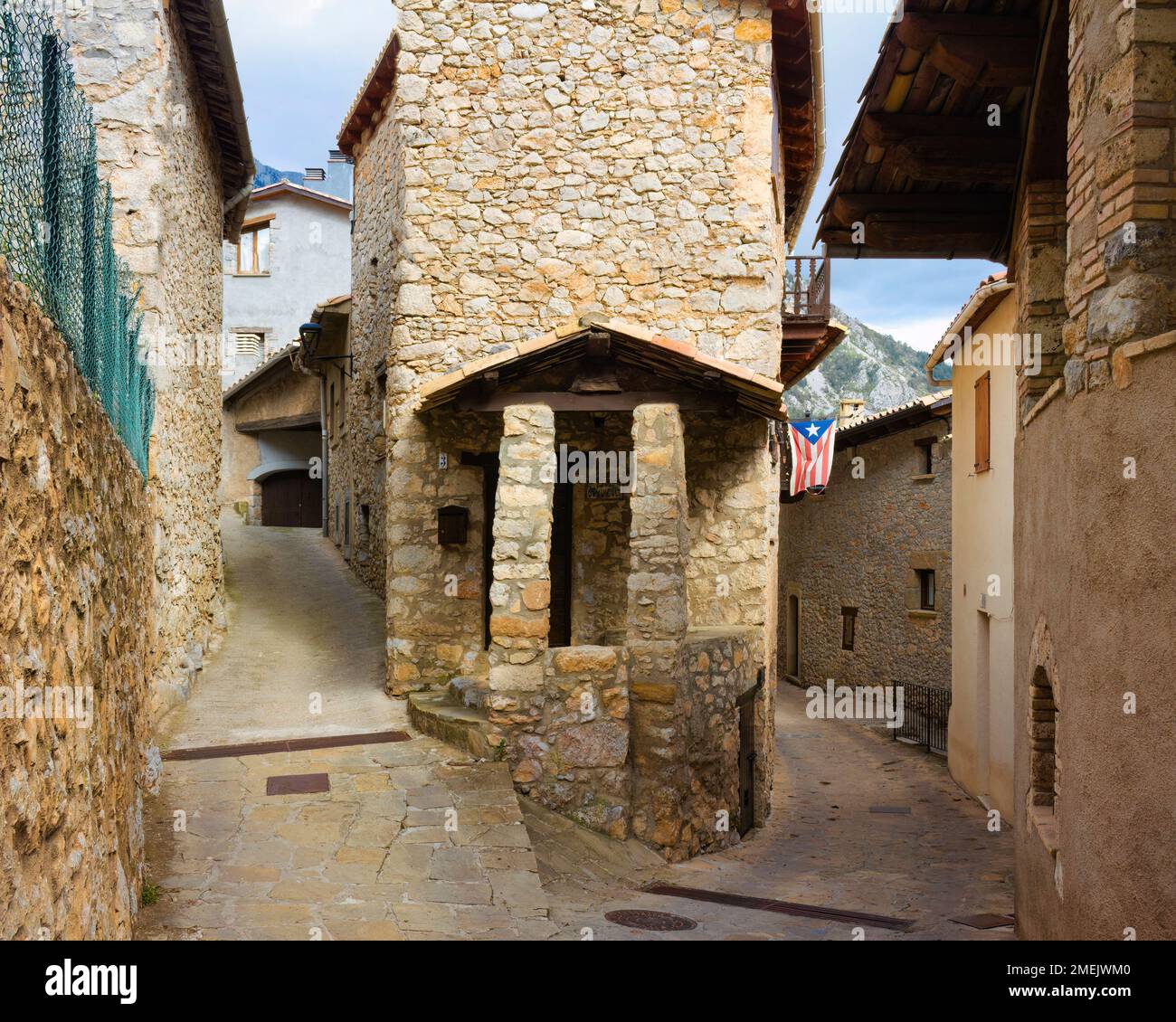 Street of the historic center town Gosol in the Bergueda, Catalonia ...