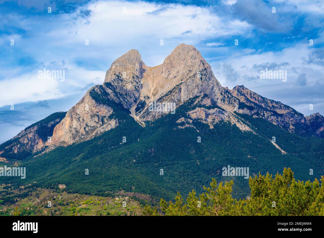 View of one of the most legendary mountains in Catalonia, the Pedraforca located in a protected ...