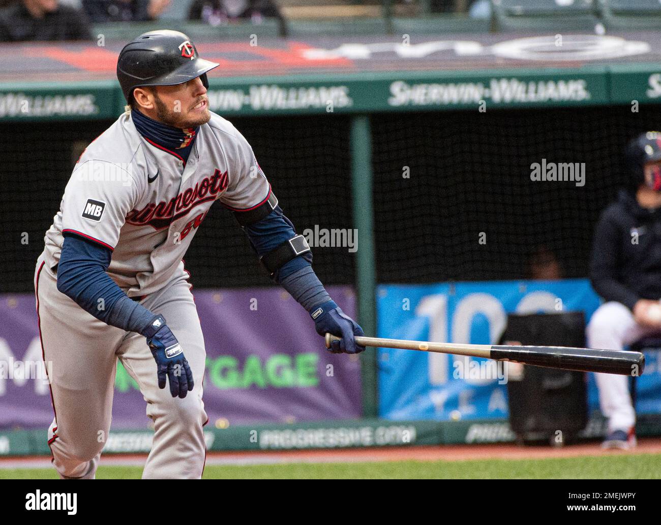 Minnesota Twins' Josh Donaldson watches his hit against the Cleveland ...