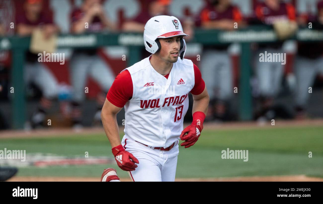 North Carolina State's Tyler McDonough (13) runs to first base during ...