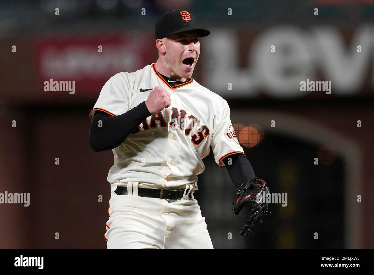 San Francisco Giants pitcher Anthony DeSclafani reacts after striking ...