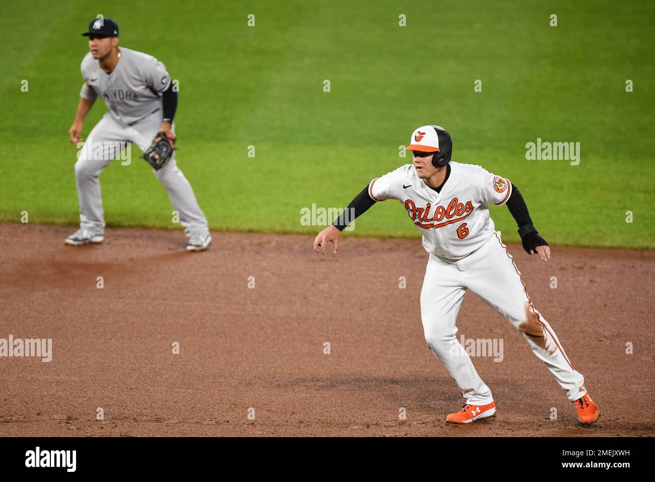Baltimore Orioles third baseman Ryan Mountcastle (6) takes lead from ...