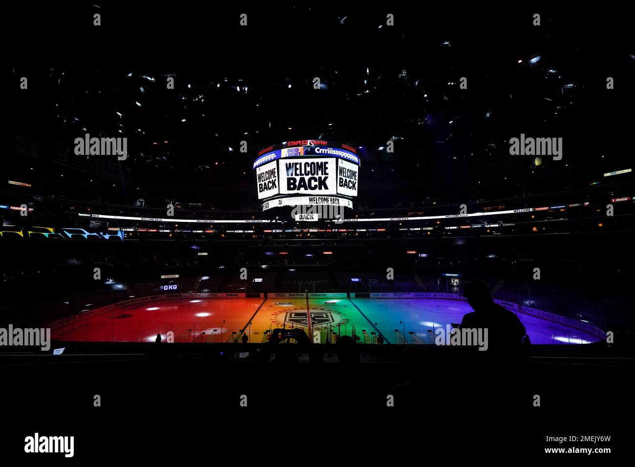 The ice is lit in rainbow light for Pride night before an NHL hockey ...