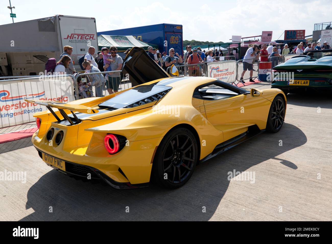 Three-quarters Rear View of a Yellow, 2017, Ford GT, preparing for the ...