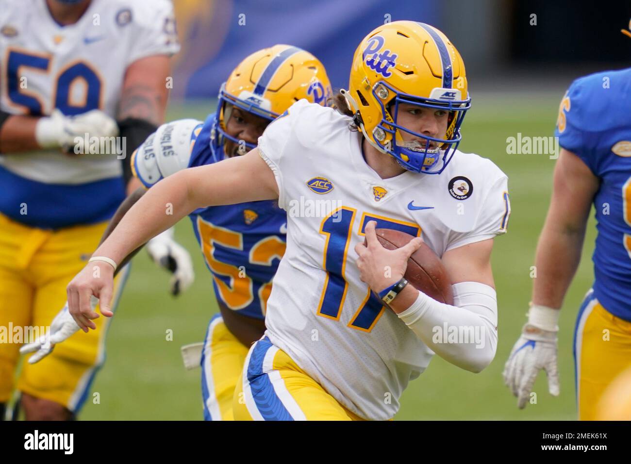 Pittsburgh quarterback Davis Beville (17) during their annual NCAA ...