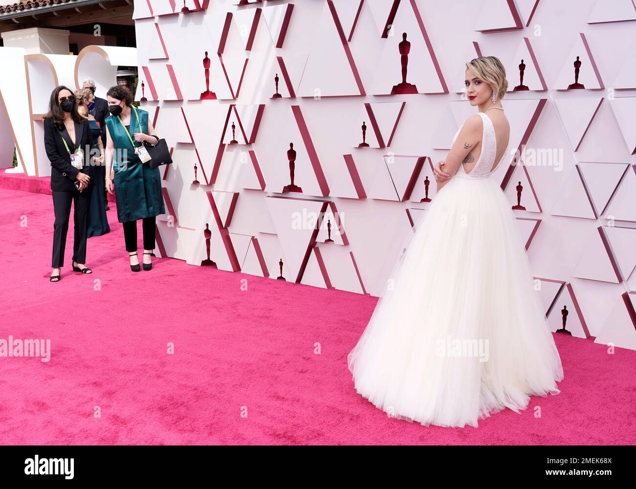 Maria Bakalova arrives at the Oscars on Sunday, April 25, 2021, at ...