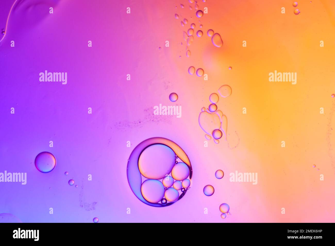 Top view movement of oil bubbles in the liquid. Oil surface ...