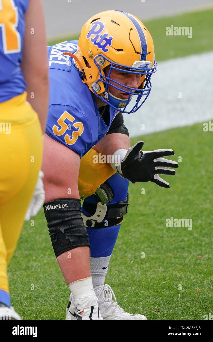 Pittsburgh offensive lineman Jake Kradel (53) warms up before their ...