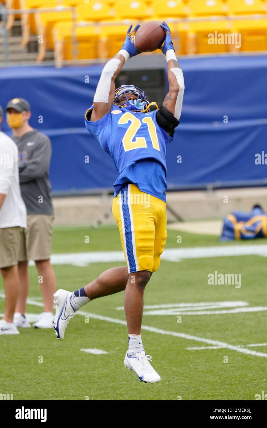 Pittsburgh cornerback Damarri Mathis (21) warms up before their annual ...