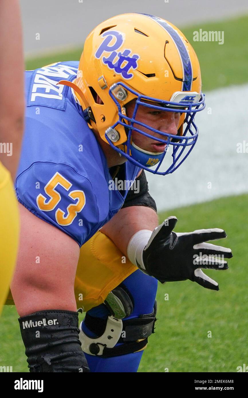 Pittsburgh offensive lineman Jake Kradel (53) warms up before their ...