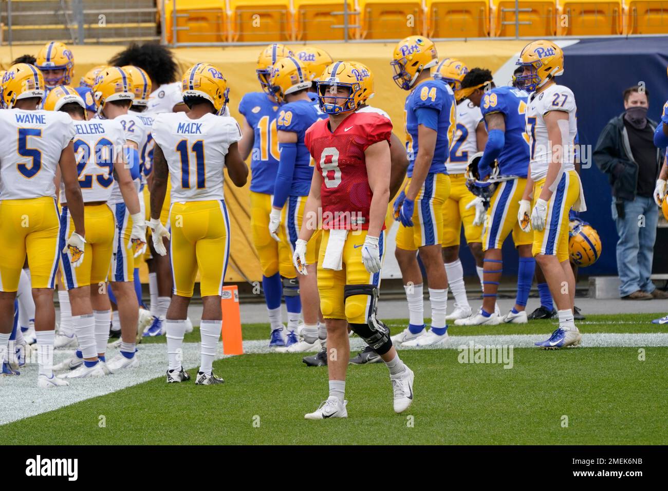 Pittsburgh quarterback Kenny Pickett (8)walks through the end zone with ...
