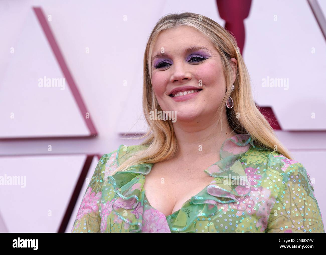 Emerald Fennell arrives at the Oscars on Sunday, April 25, 2021, at ...