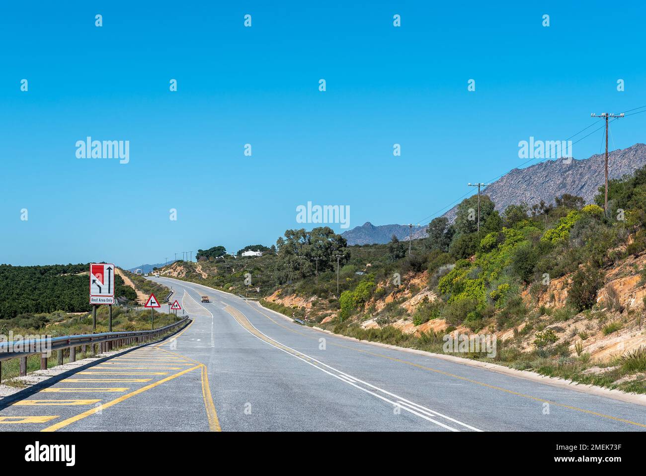 Landscape on road N7 near Citrusdal in the Western Cape. Road signs and ...