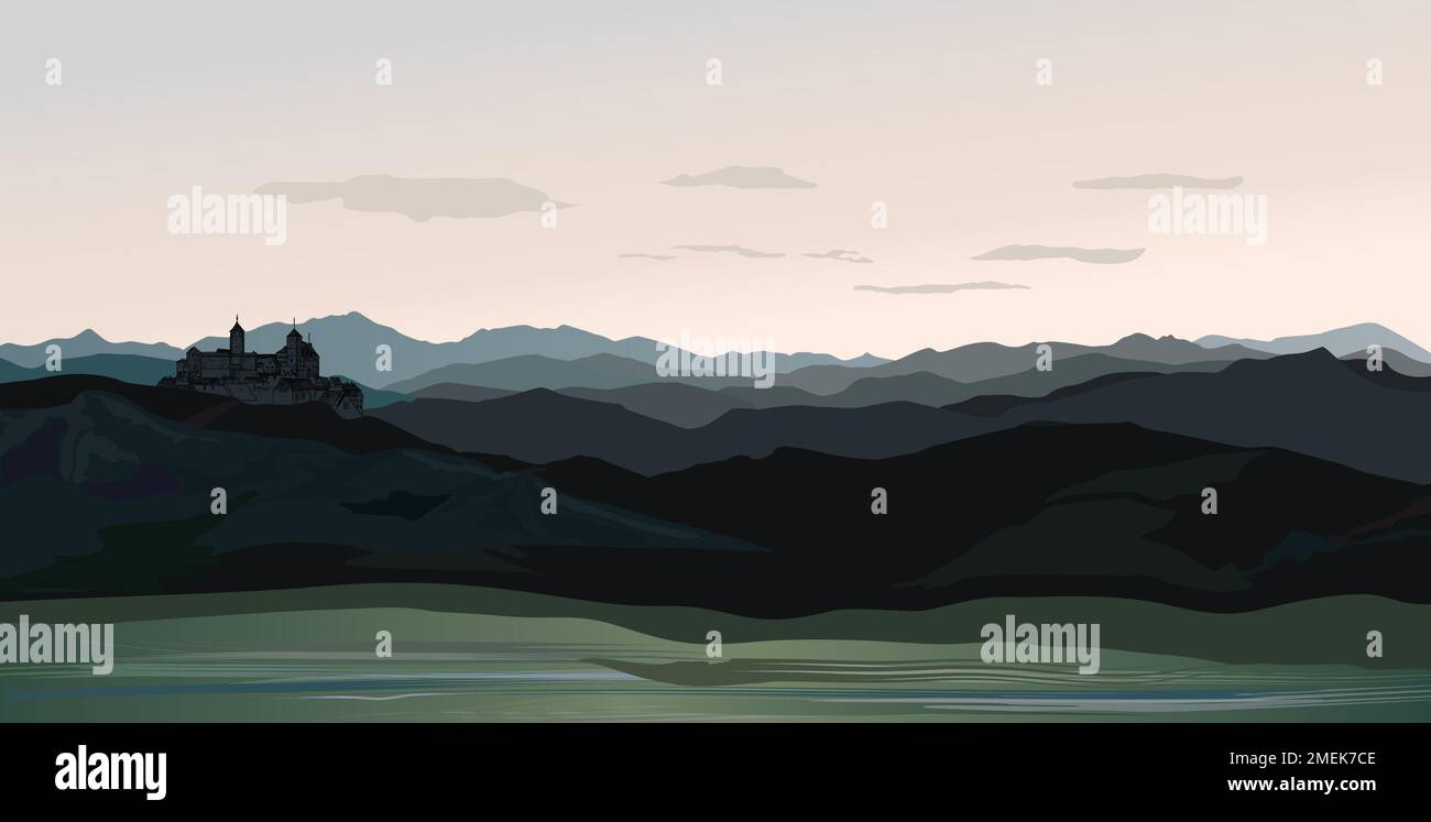 Mountain and hills landscape. Rural skyline. Lake Lagoon resort view ...