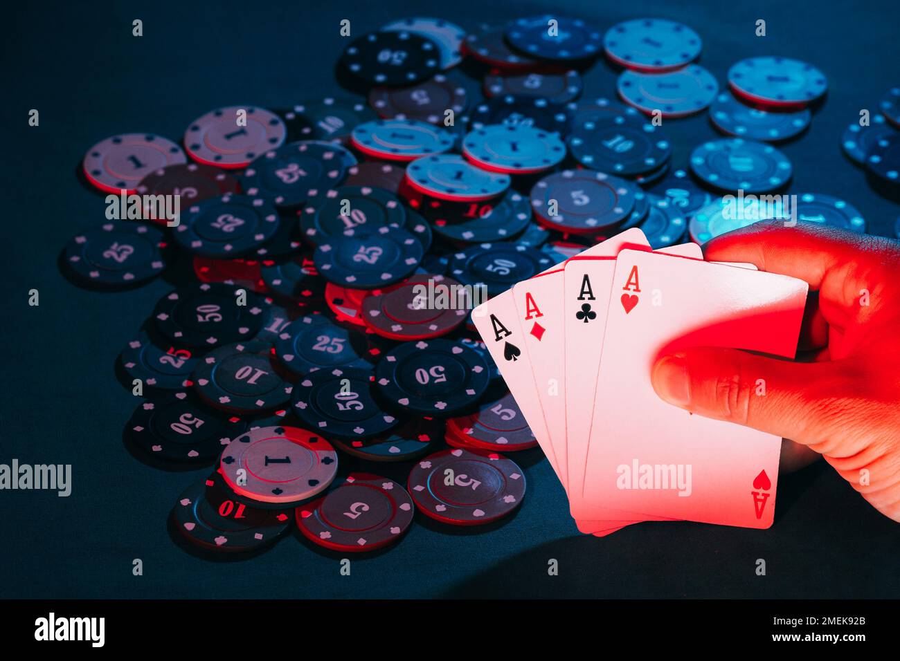 men's hands hold cards , set aces background playing chips Stock Photo ...