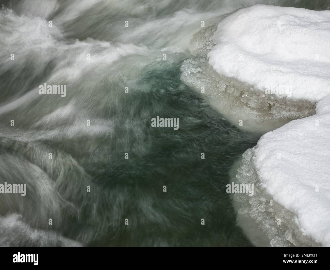Wintery iced river with snow and ice on the shore, water movement in ...