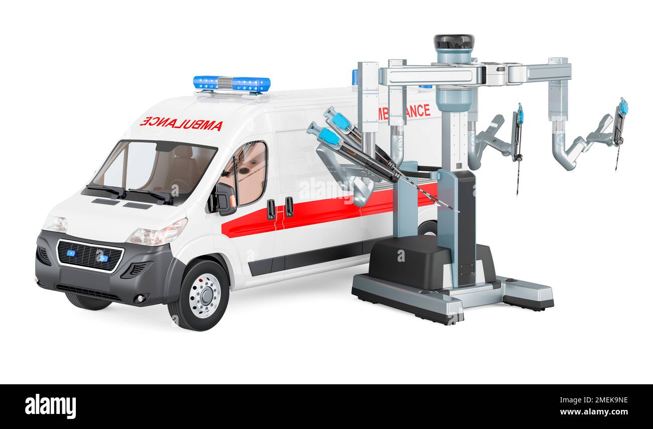 Ambulance van with robotic surgical system, 3D rendering isolated on ...