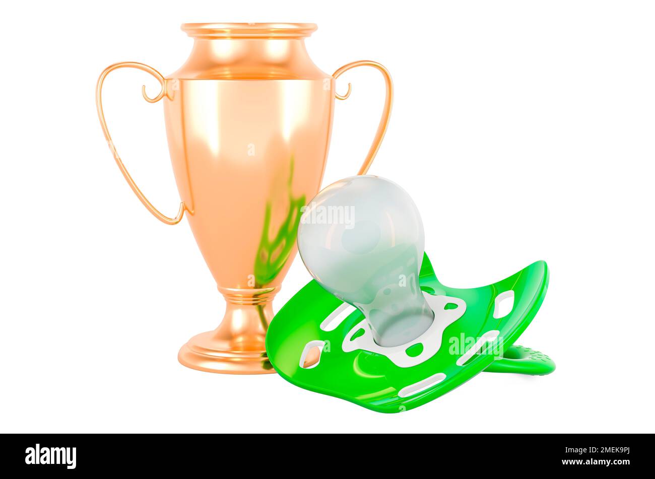 Baby pacifier with golden trophy cup award. 3D rendering isolated on ...
