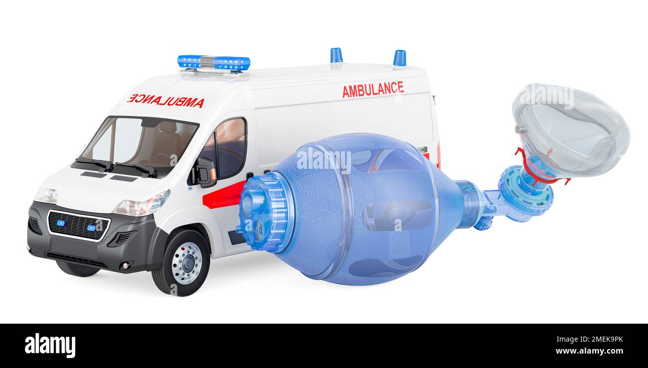 Ambulance van with bag valve mask, 3D rendering isolated on white ...