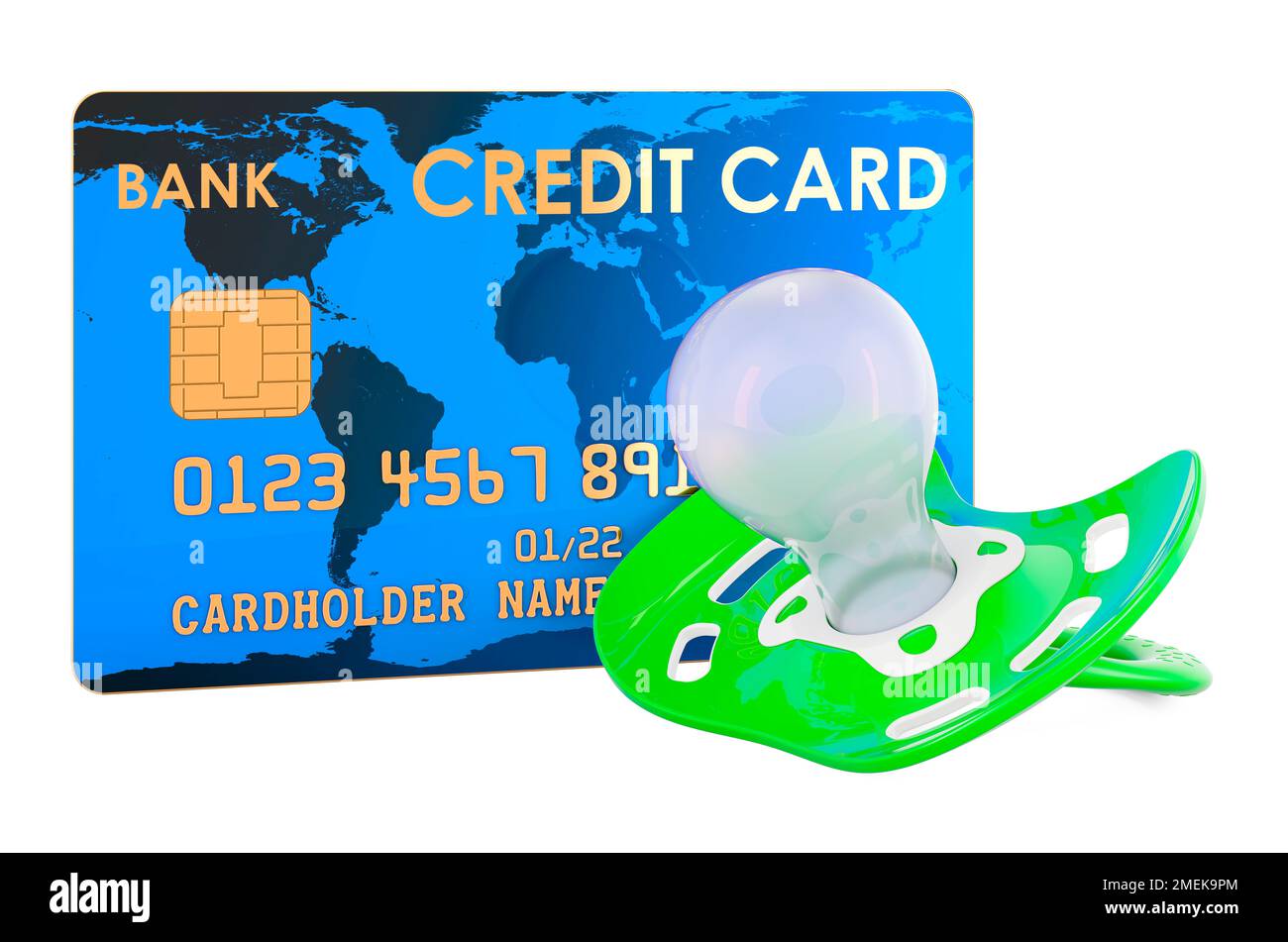 Baby pacifier with credit card. 3D rendering isolated on white ...