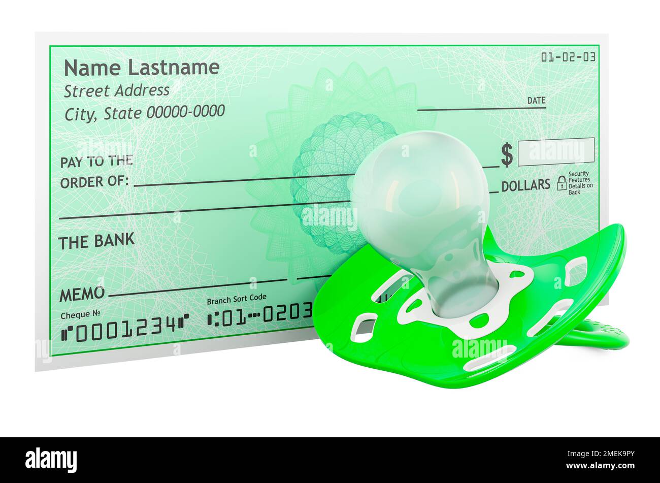 Baby pacifier with blank bank check. 3D rendering isolated on white ...