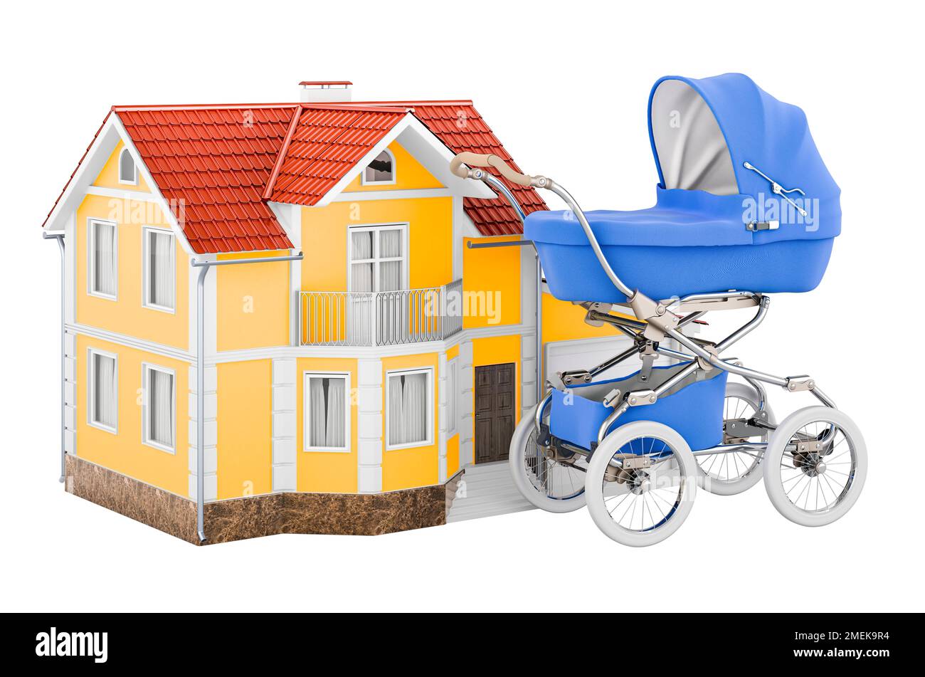 Baby stroller with home, 3D rendering isolated on white background ...