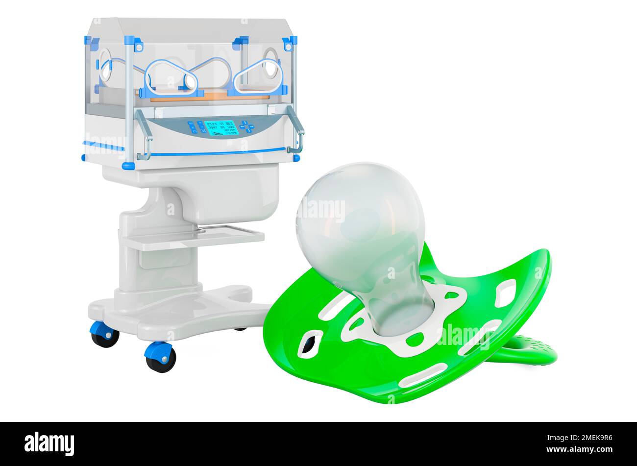 Baby pacifier with neonatal incubator. 3D rendering isolated on white ...