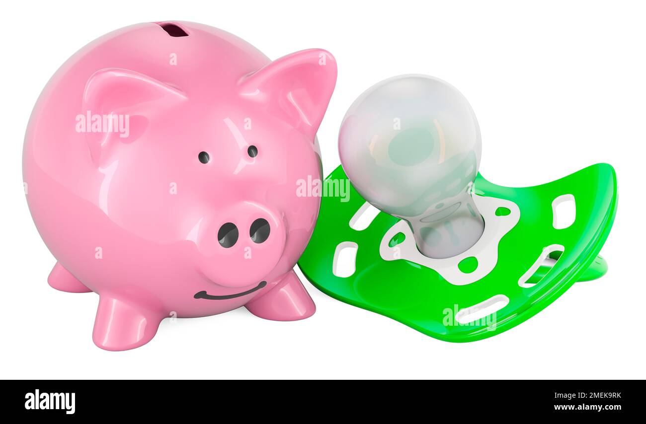 Baby pacifier with piggy bank, 3D rendering isolated on white ...