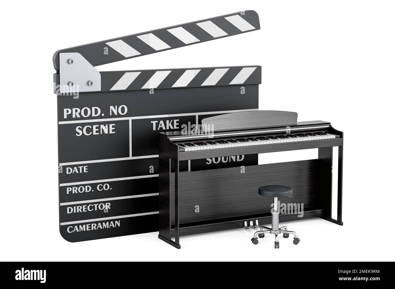 Clapperboard with digital piano, 3D rendering isolated on white ...
