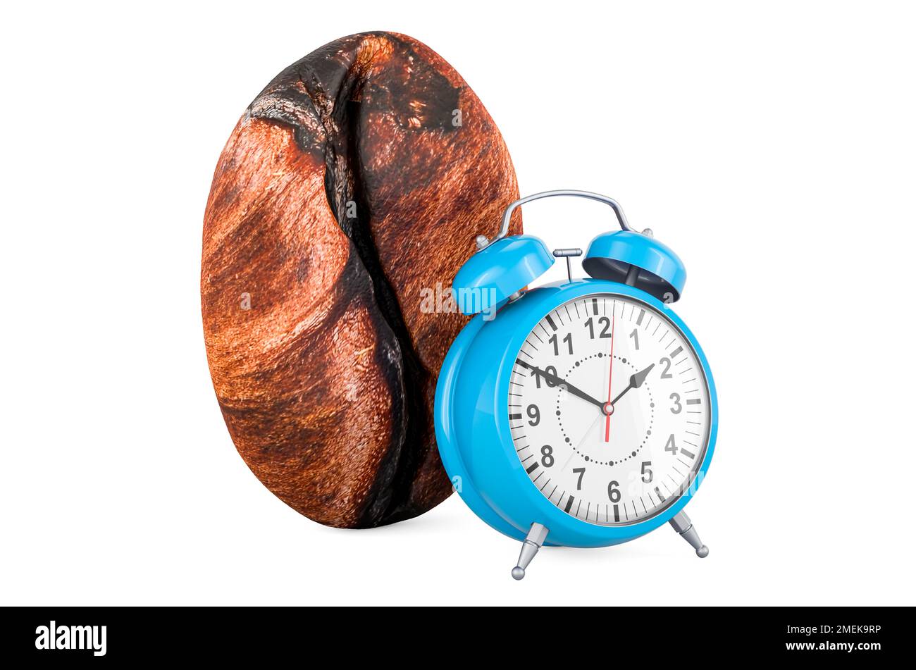 Coffee bean with alarm clock. Coffee time concept. 3D rendering ...