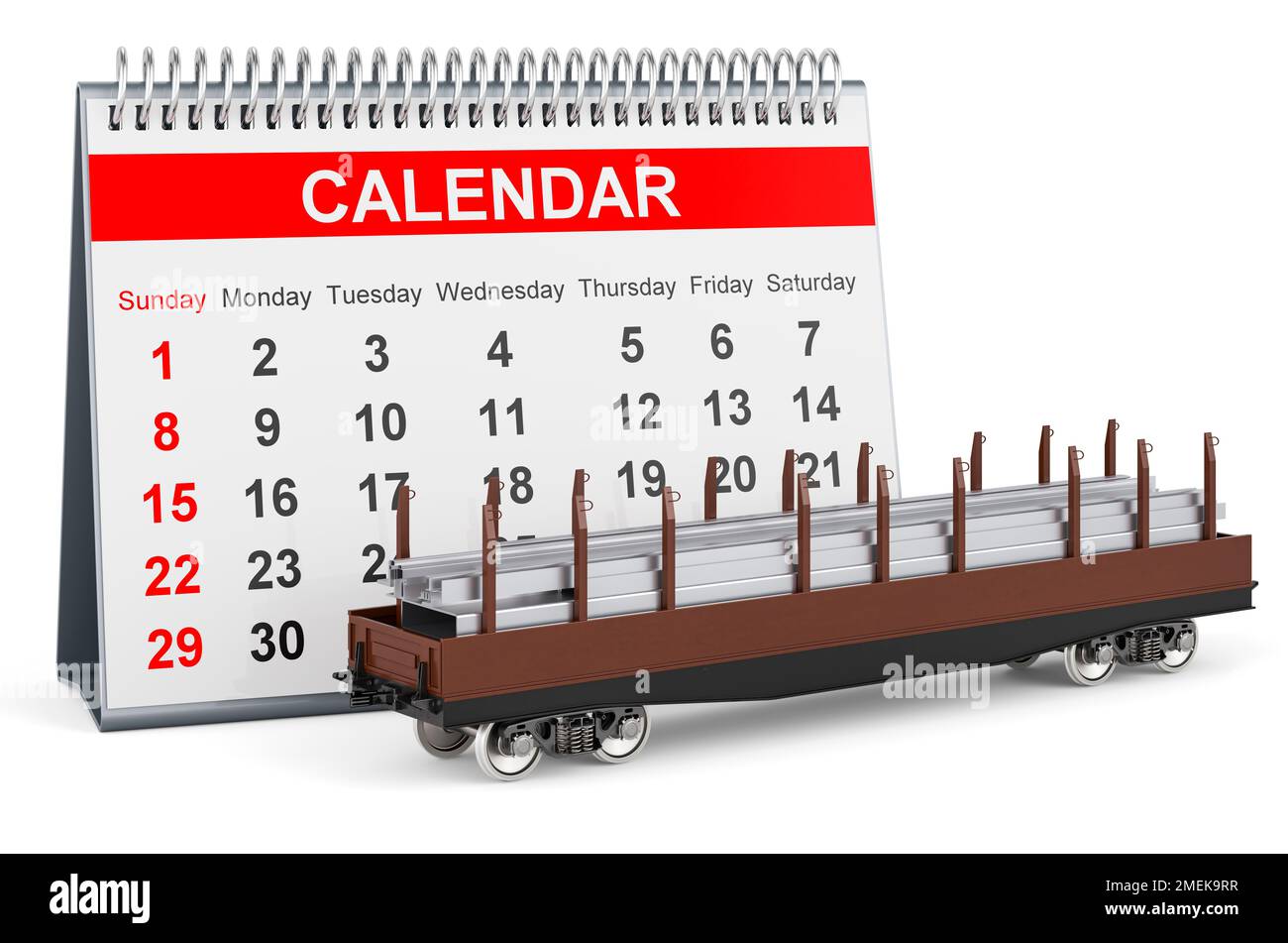 Desk calendar and railroad car with stack of rolled metal products ...