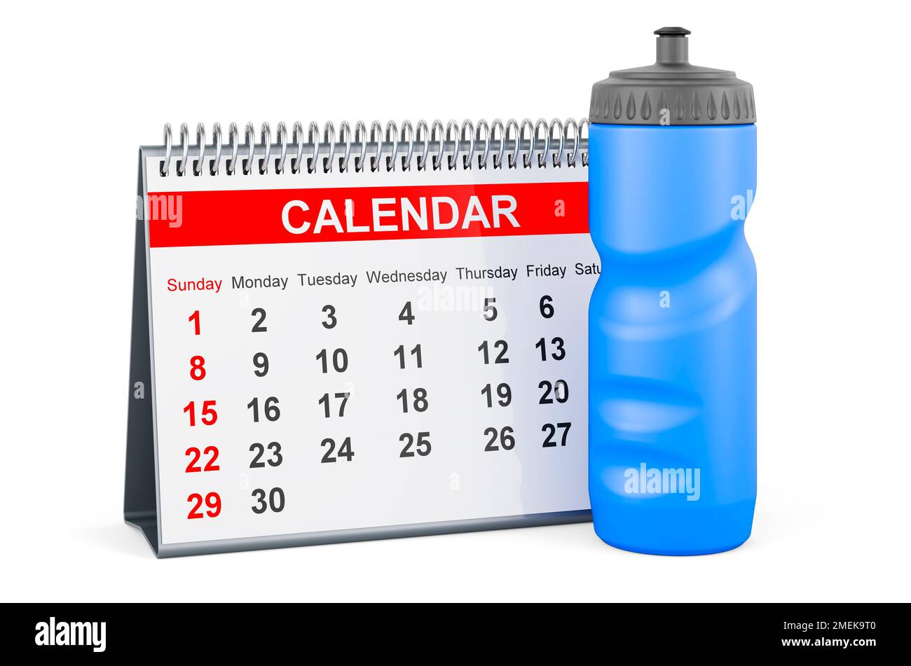 Desk calendar with plastic sport water bottle, 3D rendering isolated on ...
