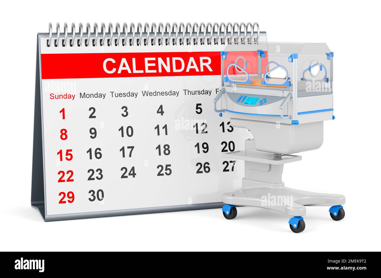 Desk calendar with neonatal incubator, 3D rendering isolated on white ...