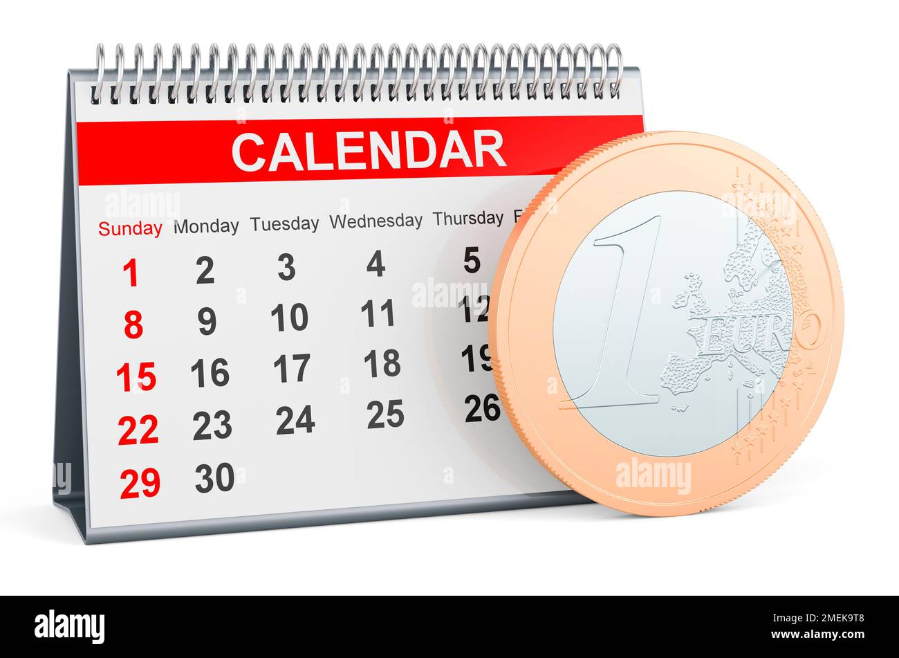 Desk calendar with euro coin, 3D rendering isolated on white background ...