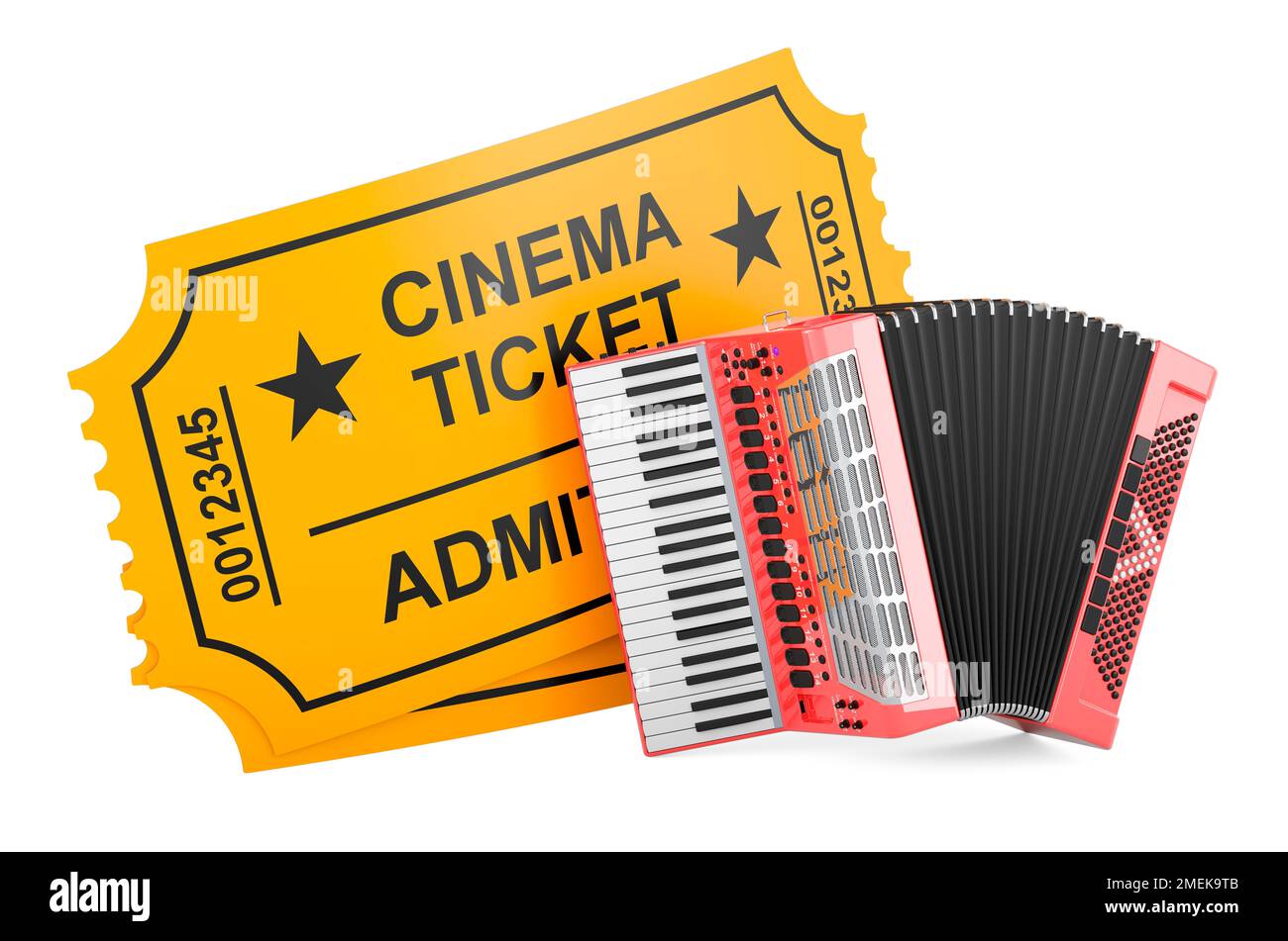 Cinema tickets with piano accordion, 3D rendering isolated on white ...