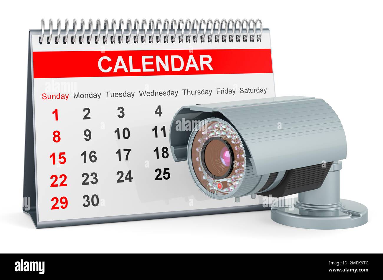 Desk calendar with security surveillance camera isolated on white ...