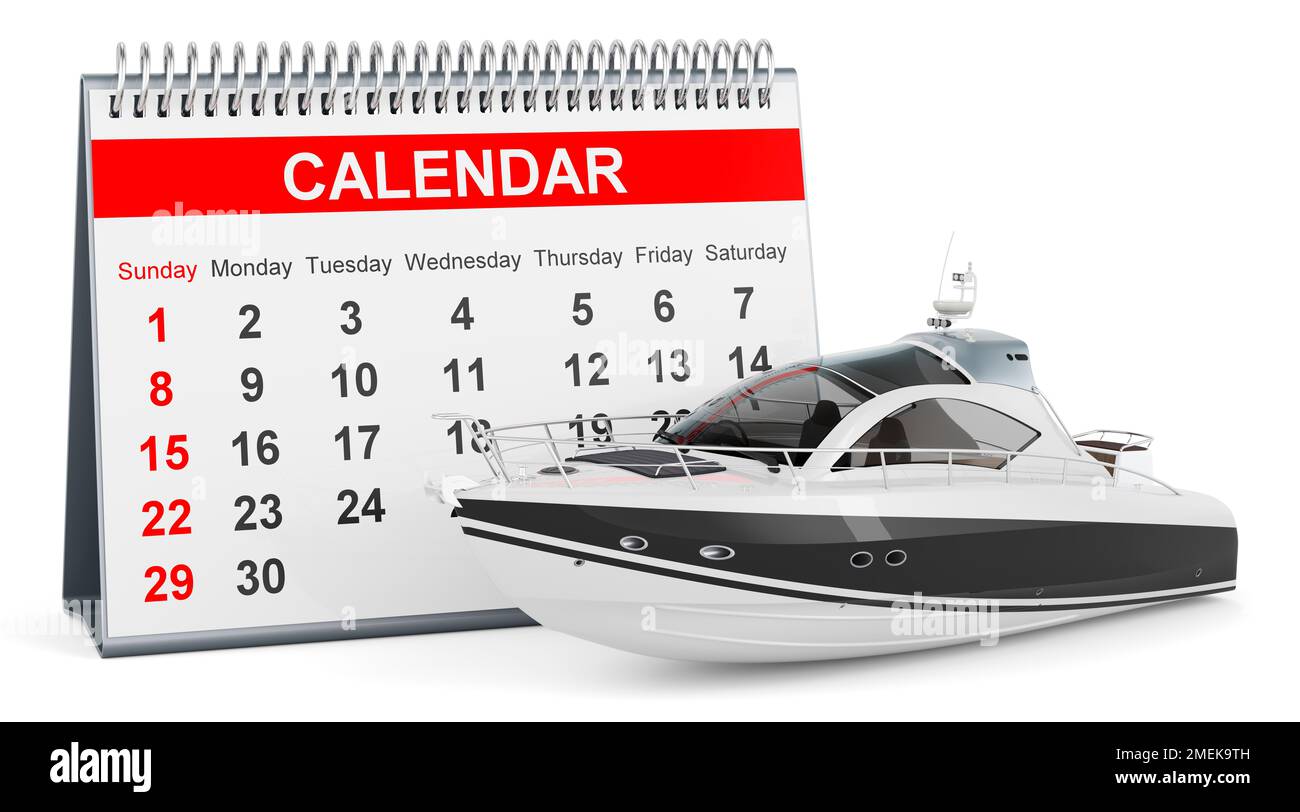 Desk calendar with motorboat, 3D rendering isolated on white background ...