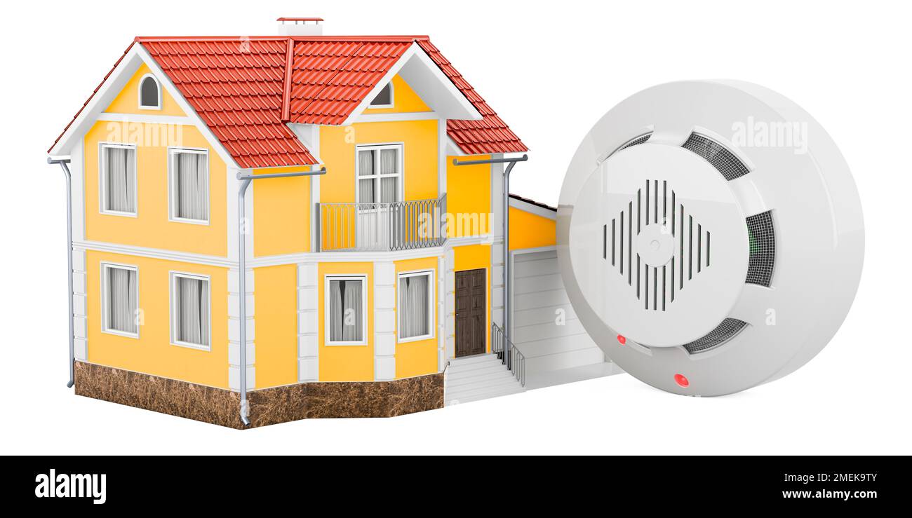 House with fire and flame detector, 3D rendering isolated on white ...