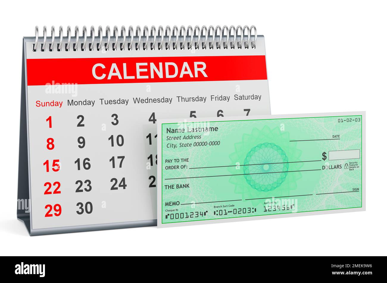 Desk calendar with bank check, 3D rendering isolated on white ...