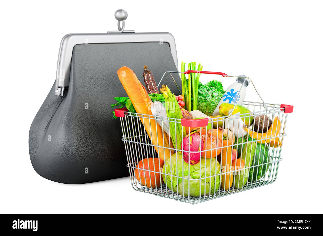 Shopping basket full of grocery products with coin purse. Market basket ...