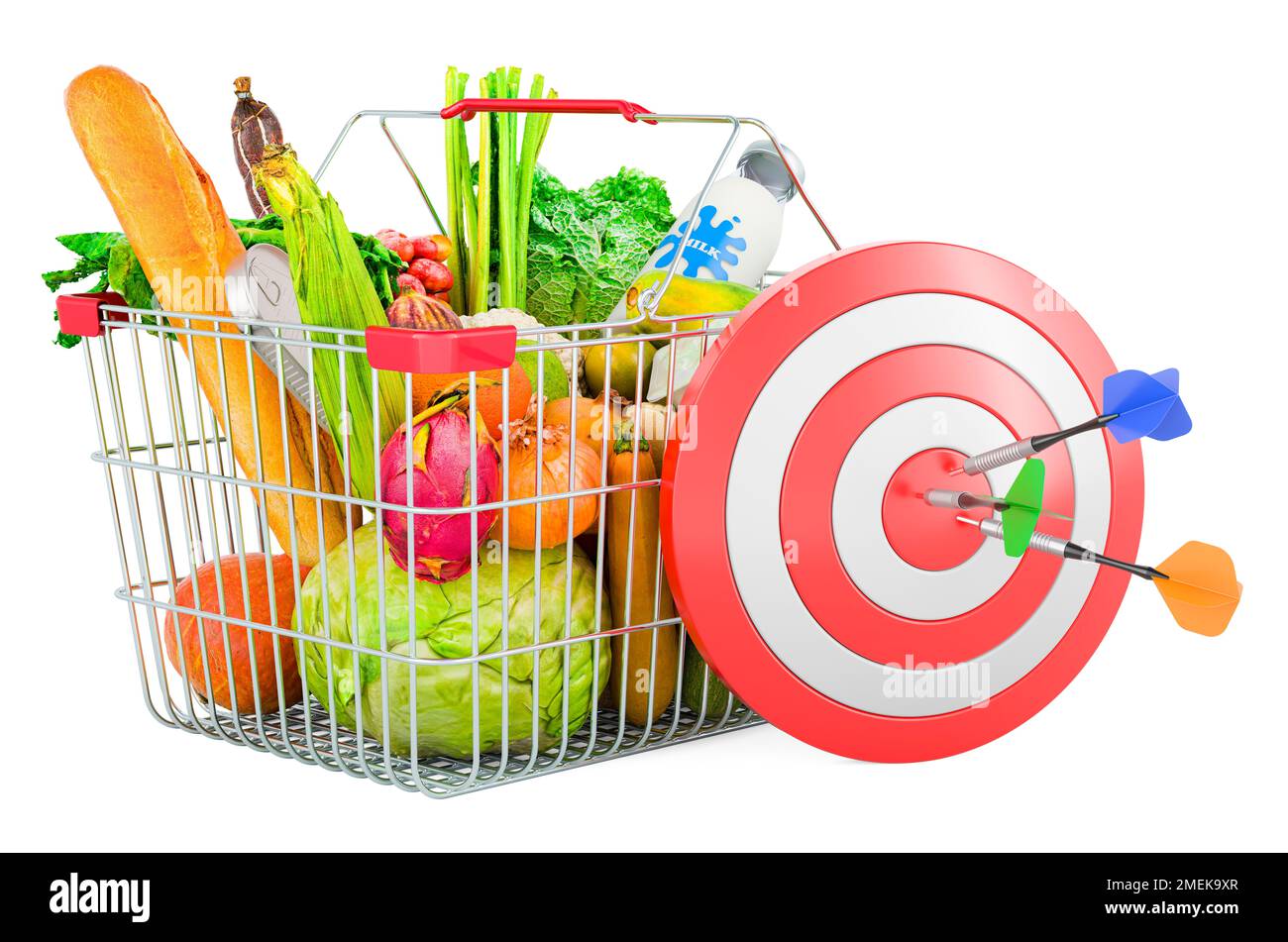 Shopping basket full of grocery products with goal and arrows, 3D ...