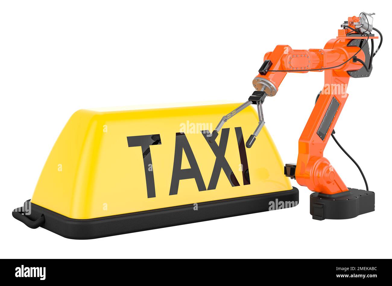 Taxi car signboard with robotic arm, 3D rendering isolated on white ...