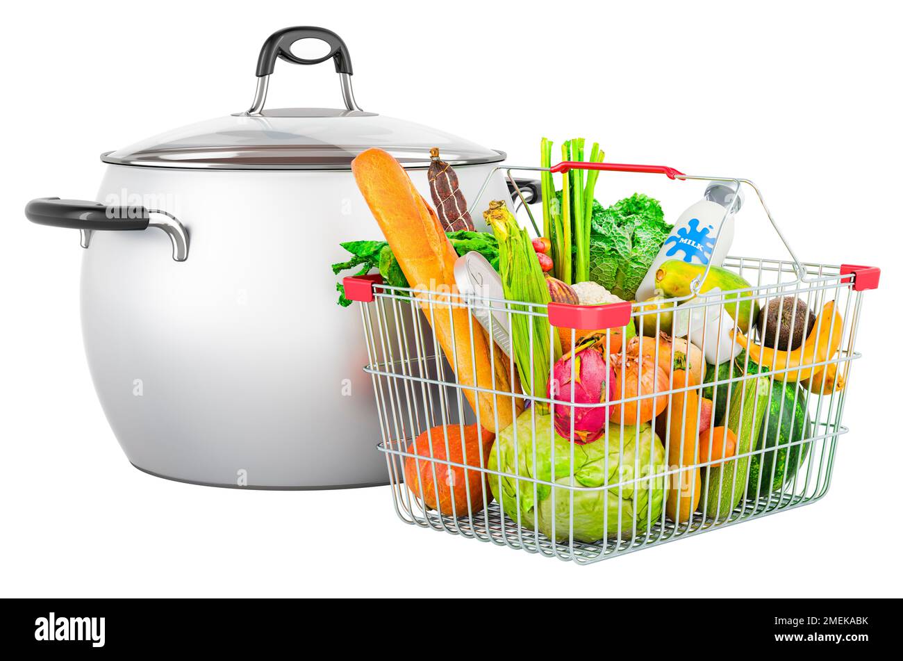 Steel stock pot with shopping basket full of products. 3D rendering ...